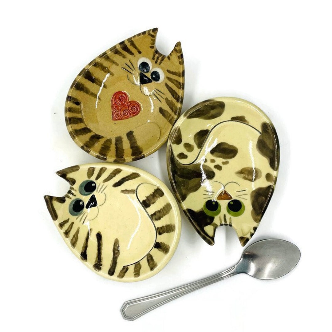 Brown Cat Bowl Set Three Cats Spoon Rest Jewelry Holder Cute Cats ...