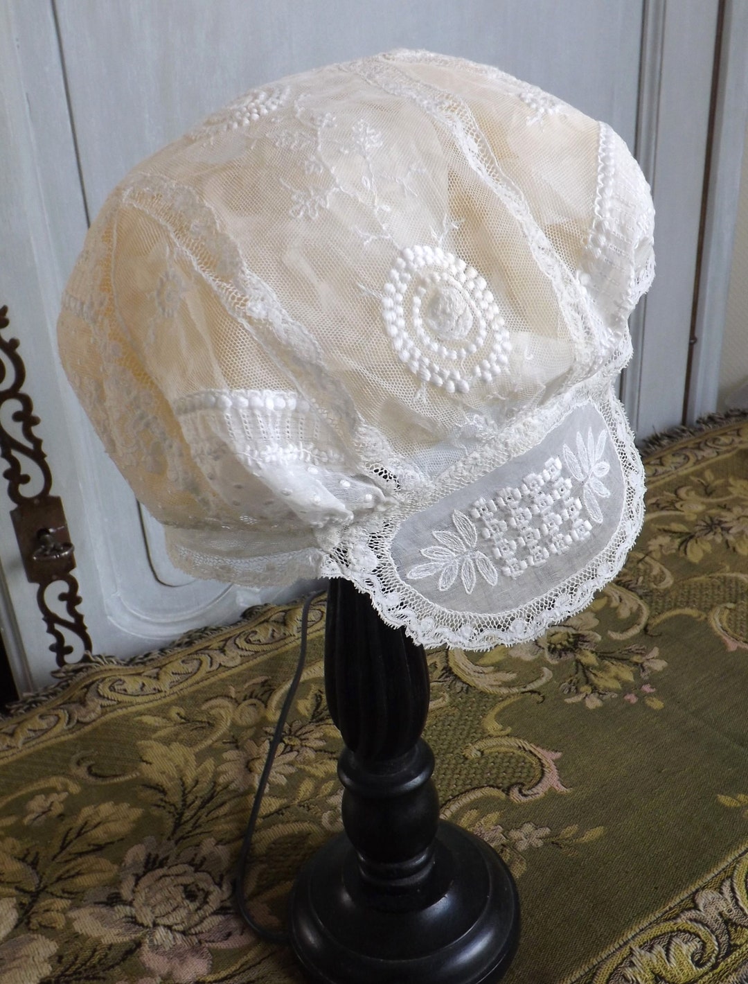 Exquisite Antique French Boudoir Bonnet Old White Normandy Lace ...