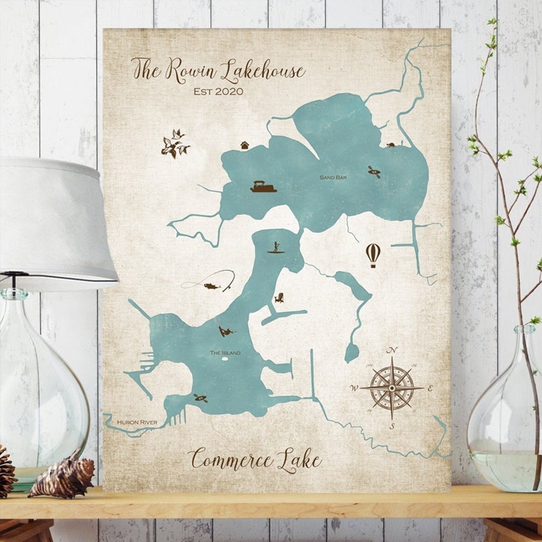 Custom Lake Map, Cabin Lake Map, Lake House Decor, Family Cabin Art ...