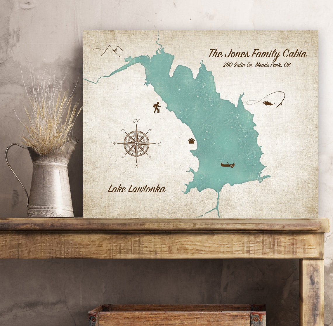Custom Lake Map, Cabin Lake Map, Lake House Decor, Family Cabin Art ...