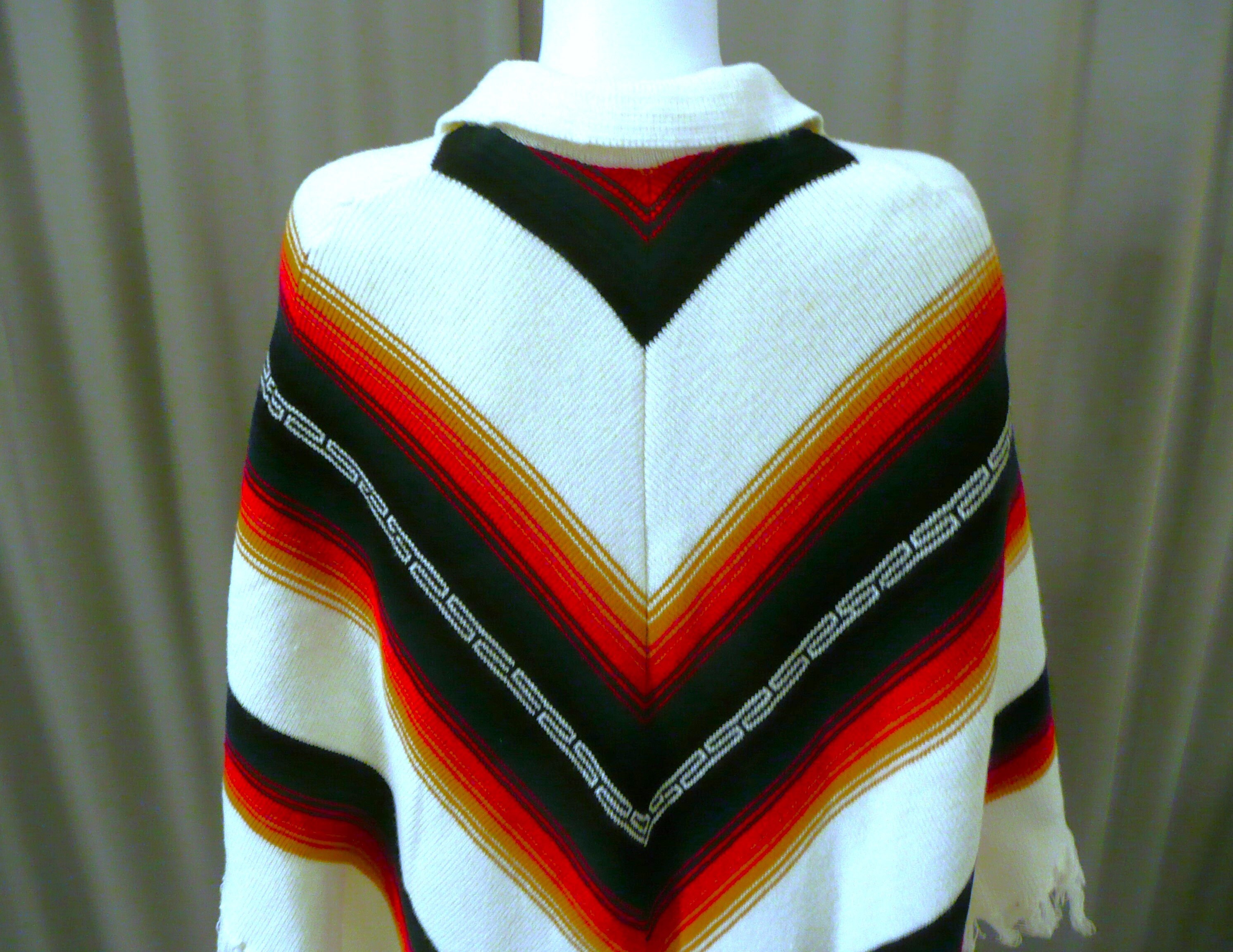 60s Vintage Southwest Striped Woven Knit Poncho Shawl Greek Keys Multi ...