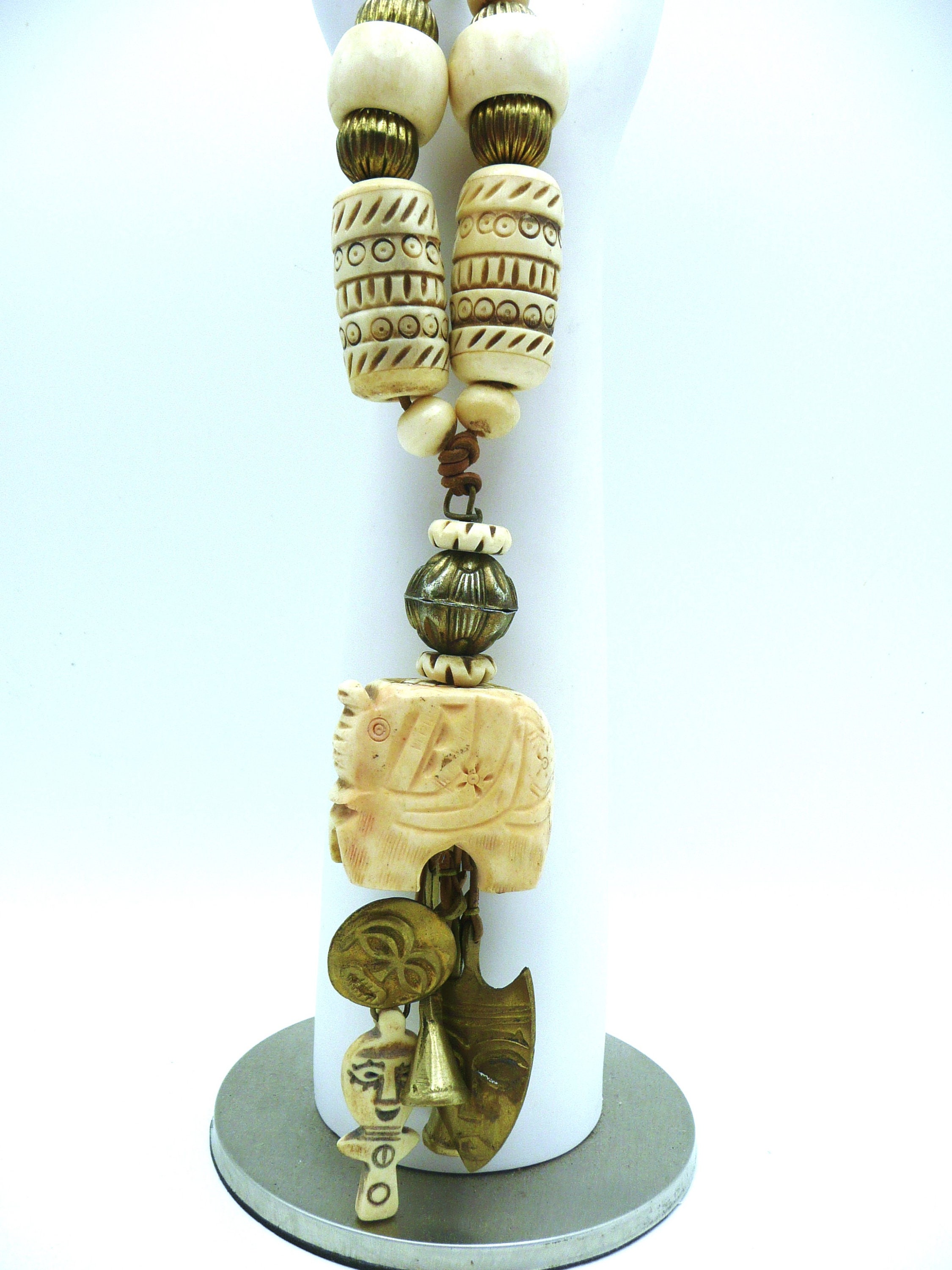 Vintage Carved Ox Bone Elephant Bell Pendant Necklace Chunky Brass ...