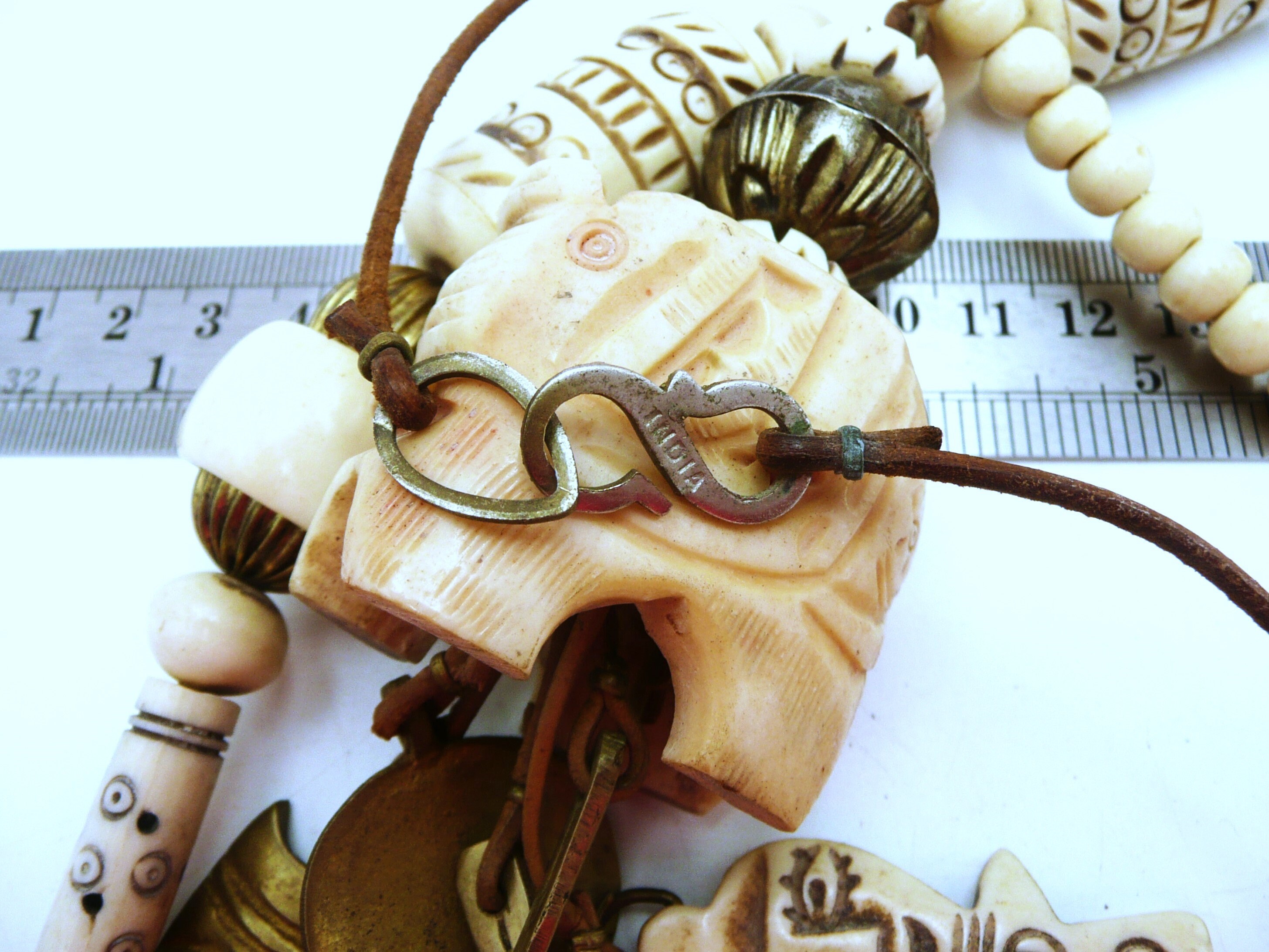 Vintage Carved Ox Bone Elephant Bell Pendant Necklace Chunky Brass ...