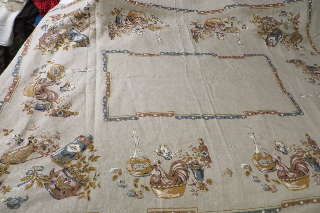 Tablecloth, RAW LINEN W/ Chickens, Oil, Vegetables, Grapes, Spices, and ...
