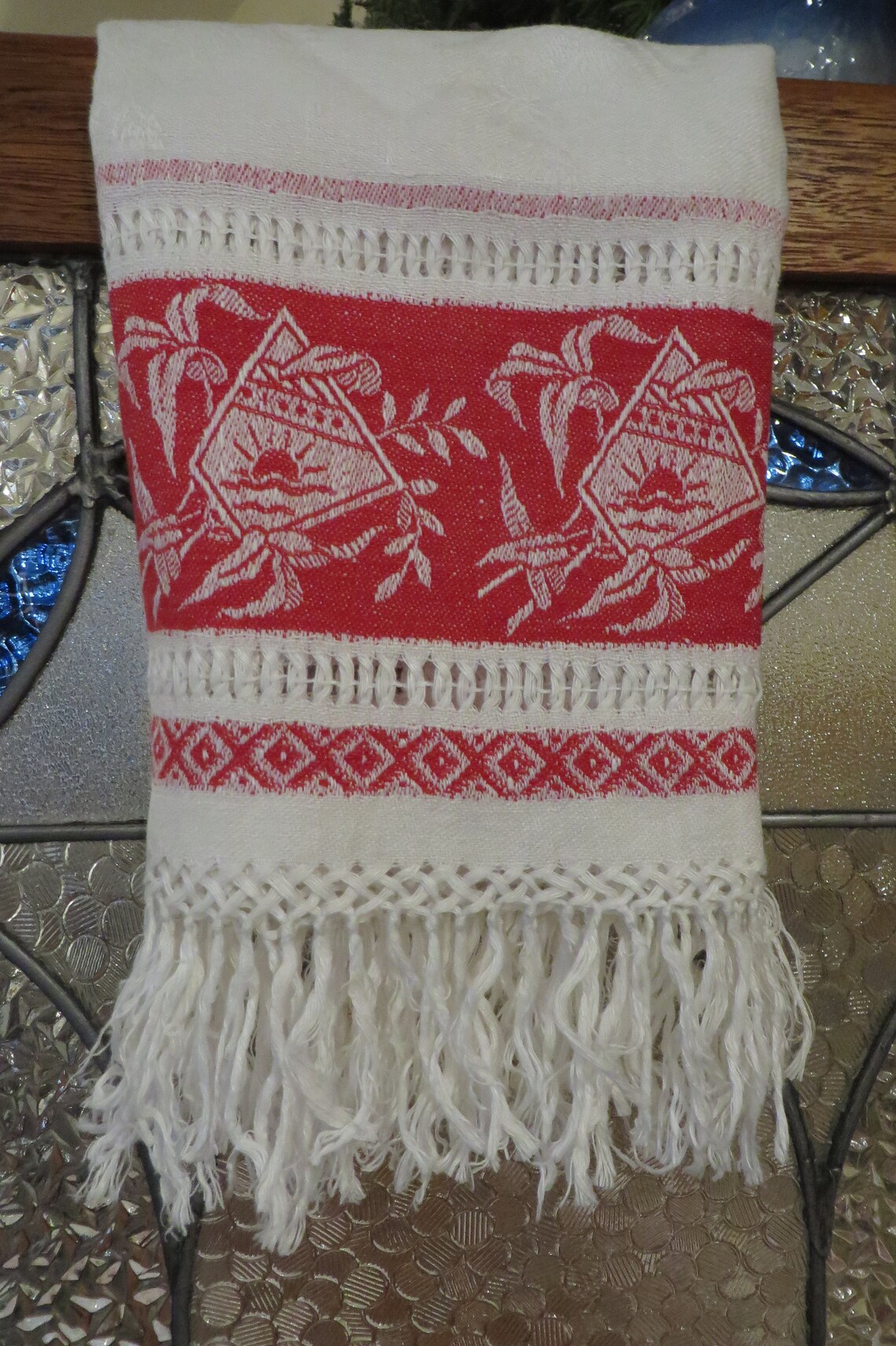 Antique Towel Damask Tone on Tone Red and Off-white - Heirloom Quality ...