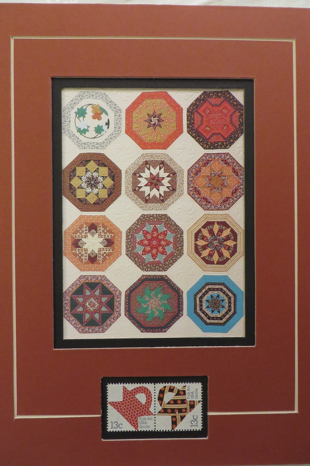 Vintage Folk ART USA Quilts, Framed USPS Stamps // Double Matted ...