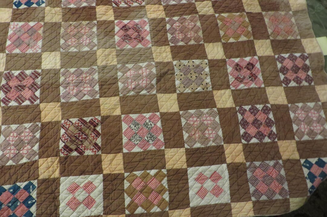 Antique Quilt in Browns Red Indigo Peach White, Early 1900s Fabrics ...