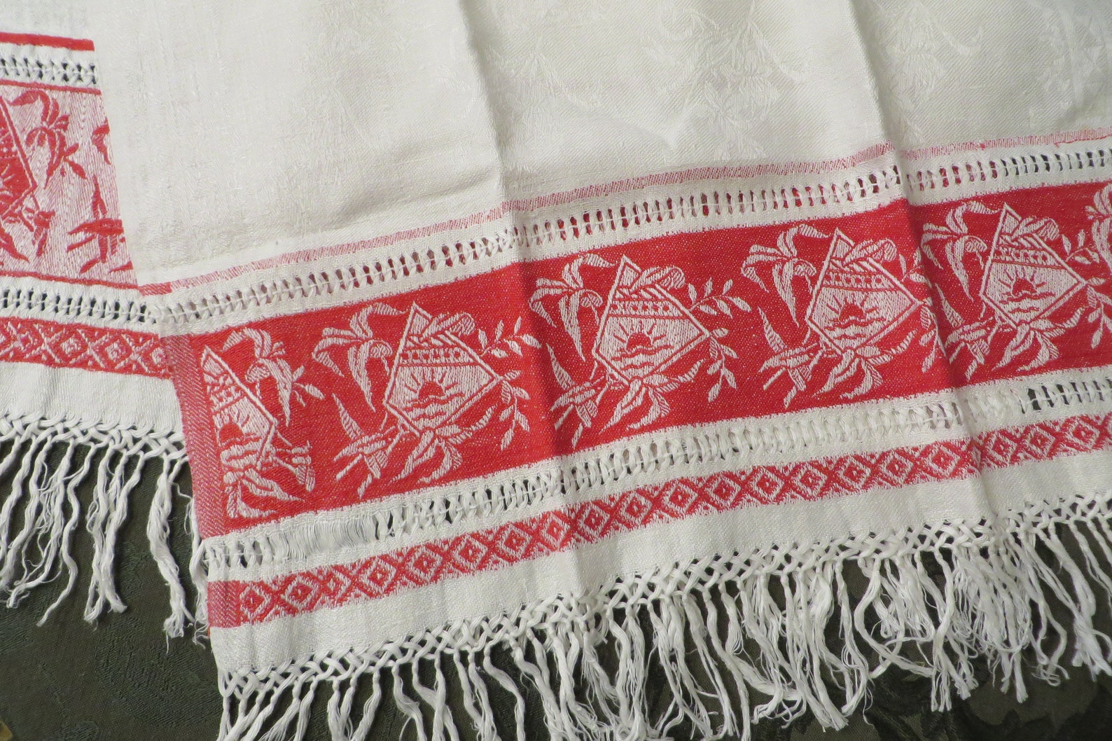 Antique Towel Damask Tone on Tone Red and Off-white - Heirloom Quality ...