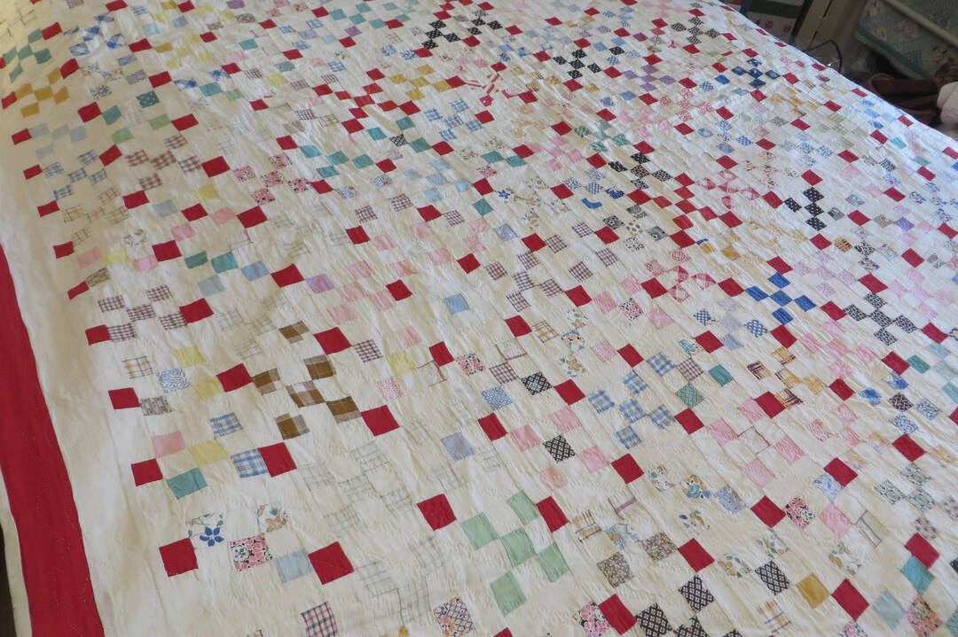 Antique QUILT - Red Checked Pattern, Nine Patch, Many Feed Sacks // 82 ...
