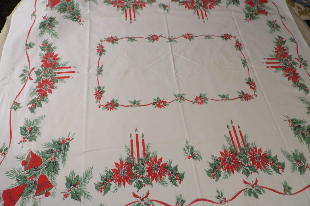 Vintage CHRISTMAS TABLECLOTH // Poinsettia Flowers - Candles // Cotton ...