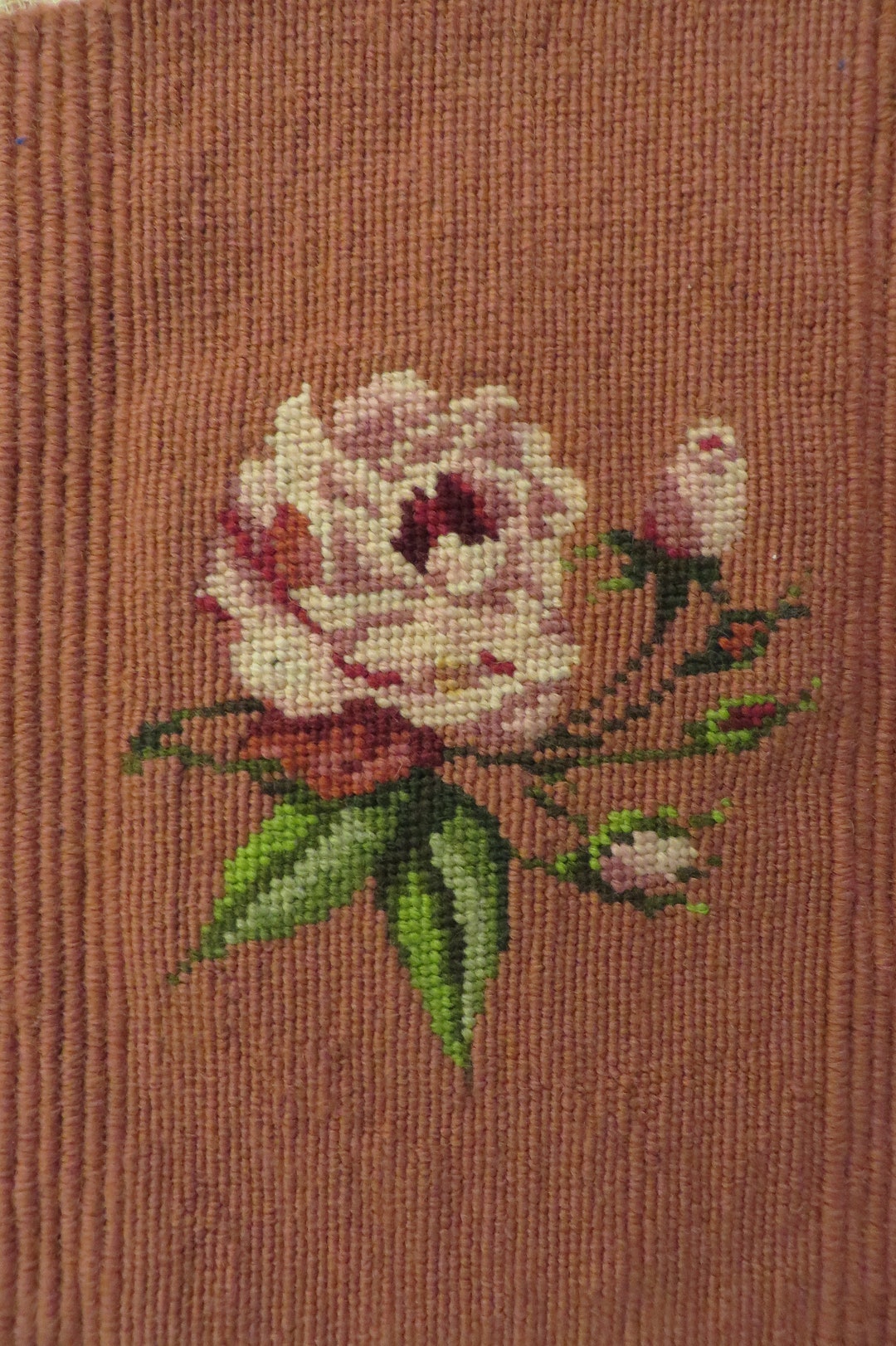 Vintage Needlepoint in WOOL, ROSES // Dark Mauve Pink, Greens, Deep ...
