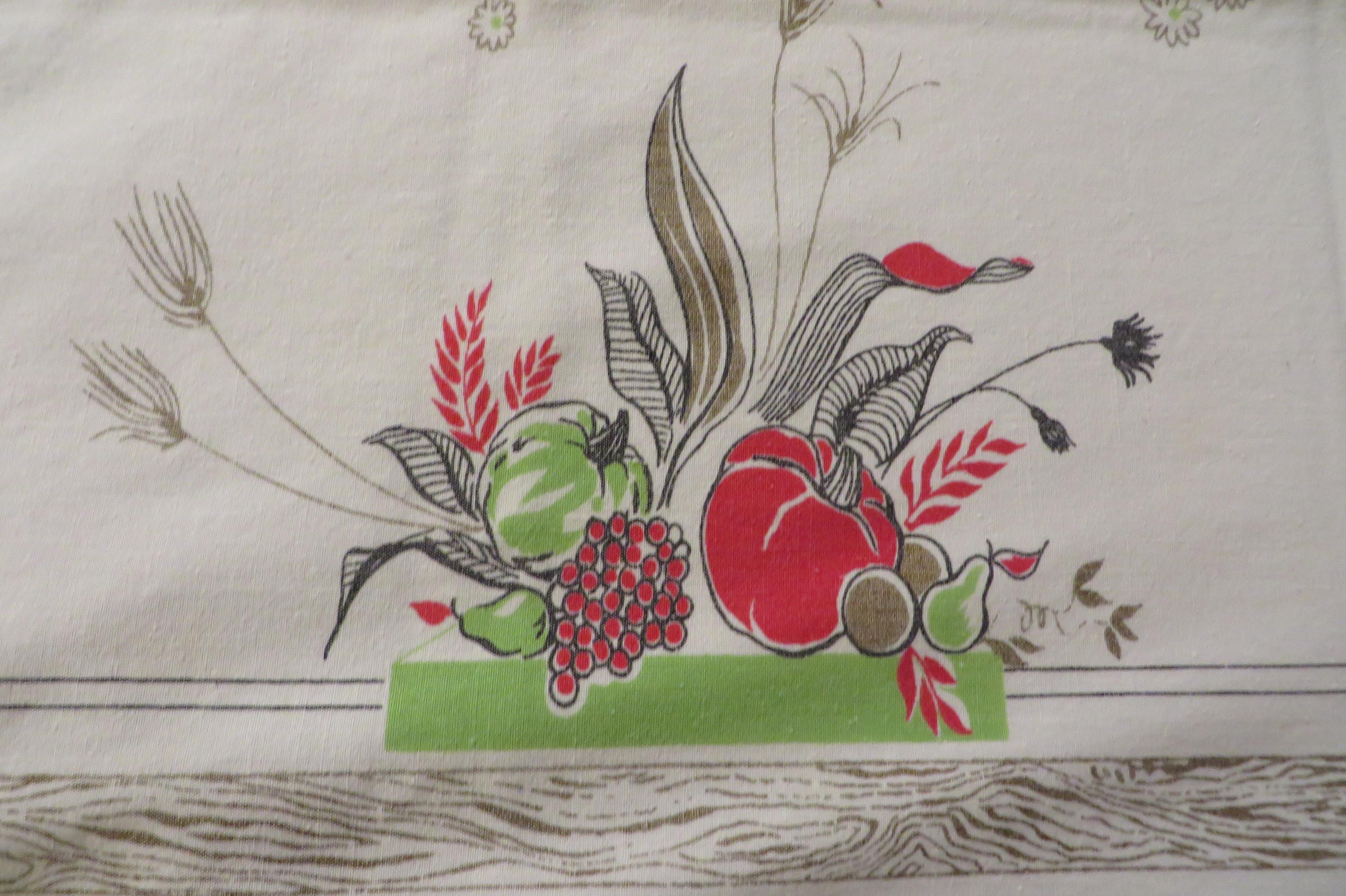 Mid Century LINEN TABLECLOTH Unusual Size 58" X 52" - White, Green, Red ...
