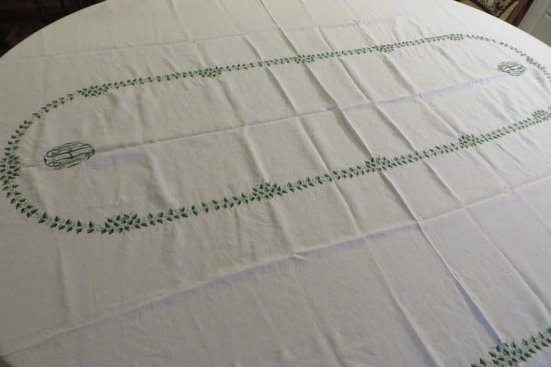 LINEN GREEN, White Embroidered TABLECLOTH - Vintage - 116" X 66" Wide ...