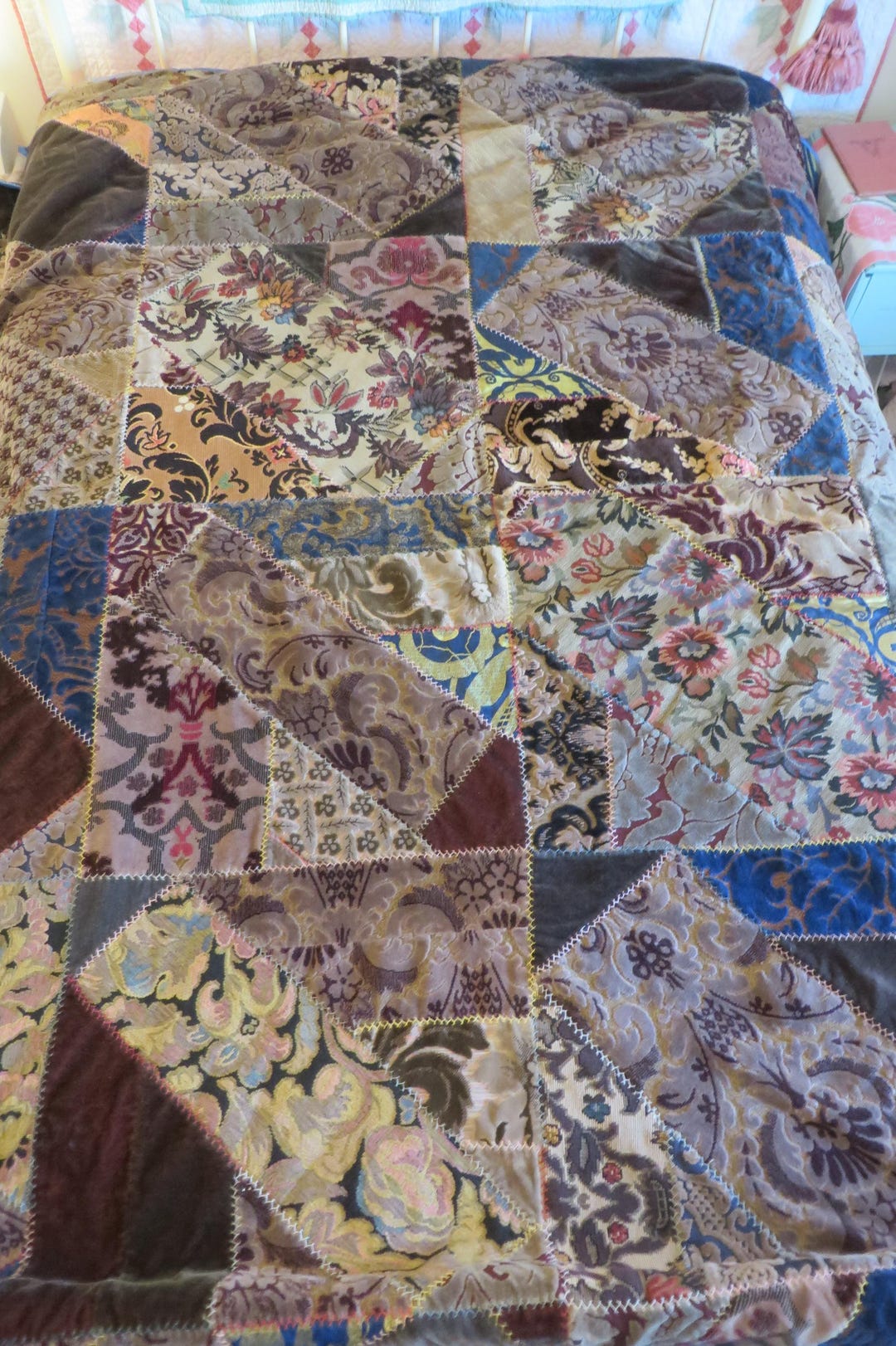 Velvet, Brocade, Heavy Cottons - Crazy Quilt 95" L, 80" W // Hand ...