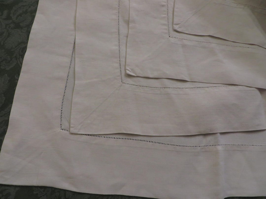 LINEN TABLECLOTH, off White, Nearly Sq at 45" X 42" // Wide Hemstitched ...