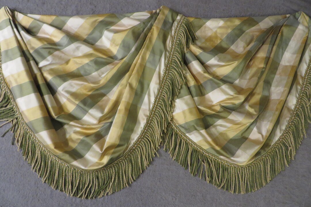 Vintage Window SWAG, Valance // Green Gold Plaid, Silk Fabric, Fully ...