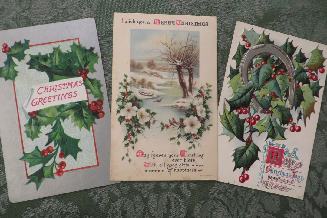 Antique CHRISTMAS POSTCARDS // Group of 3 // Post Marked 1909, 1921 ...
