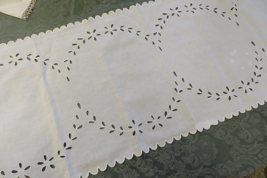 Vintage White Table Runner or Dresser Scarf // Eyelet Fabric 50 Long X 17.5 Wide, Scalloped ...