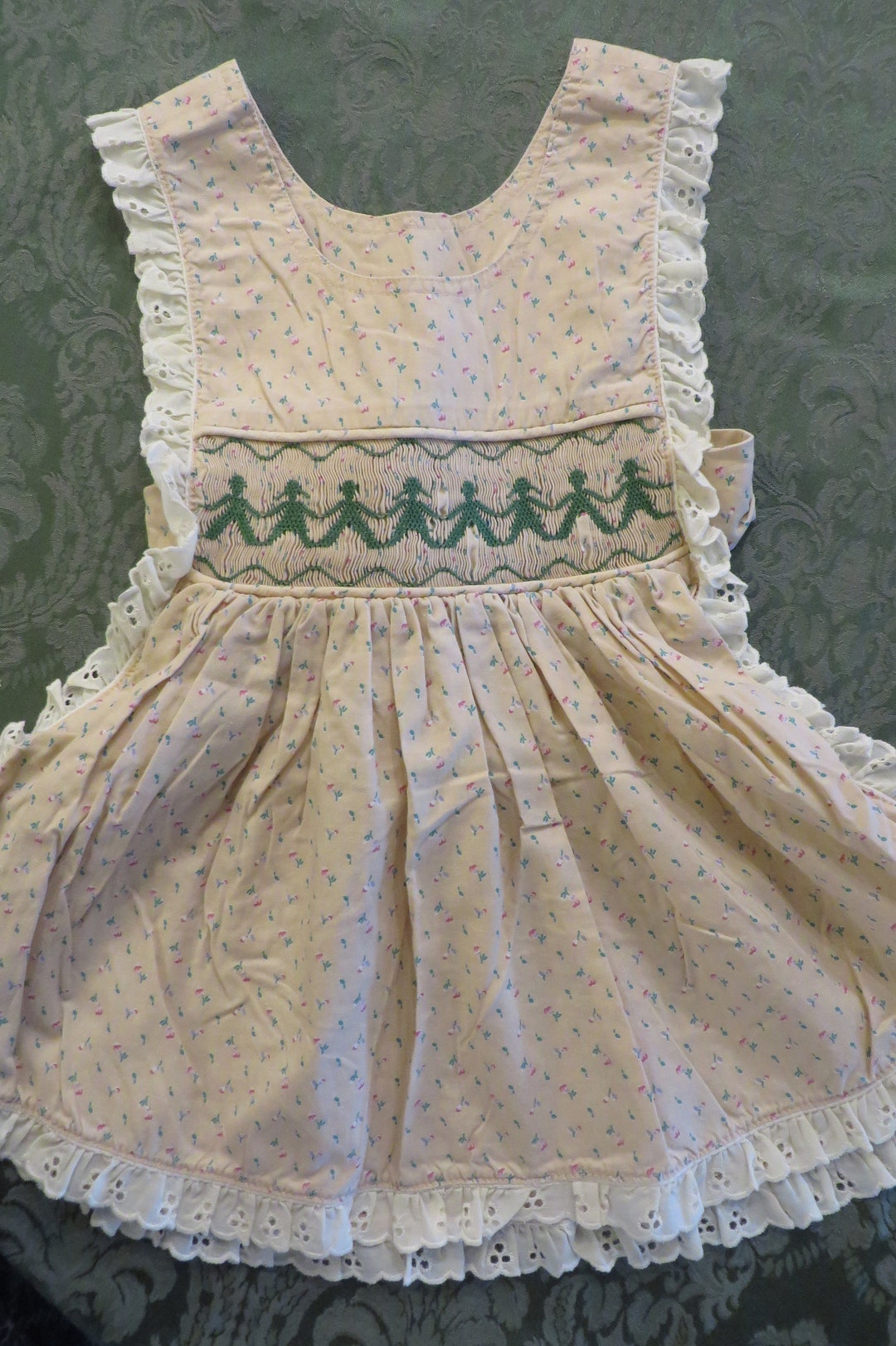 Vintage SMOCKED Pinafore W/ Piping // Smocked Bib Type Dress // Ties in ...