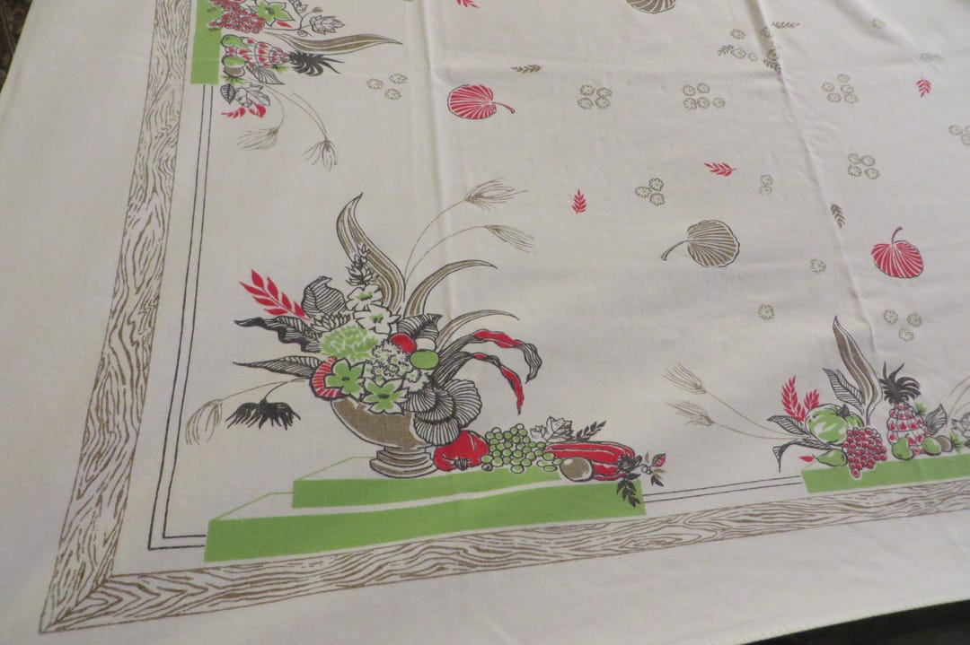 Mid Century LINEN TABLECLOTH Unusual Size 58" X 52" - White, Green, Red ...