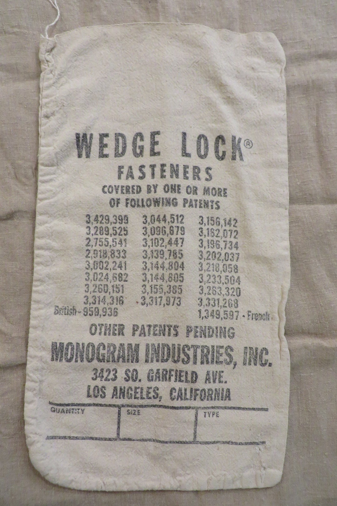 Vintage WEDGE LOCK Sack, Los Angeles California // Vintage Cloth Sack ...