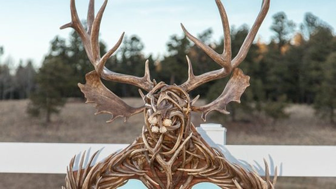 Antler Mirror With Deer Head Crest - Etsy