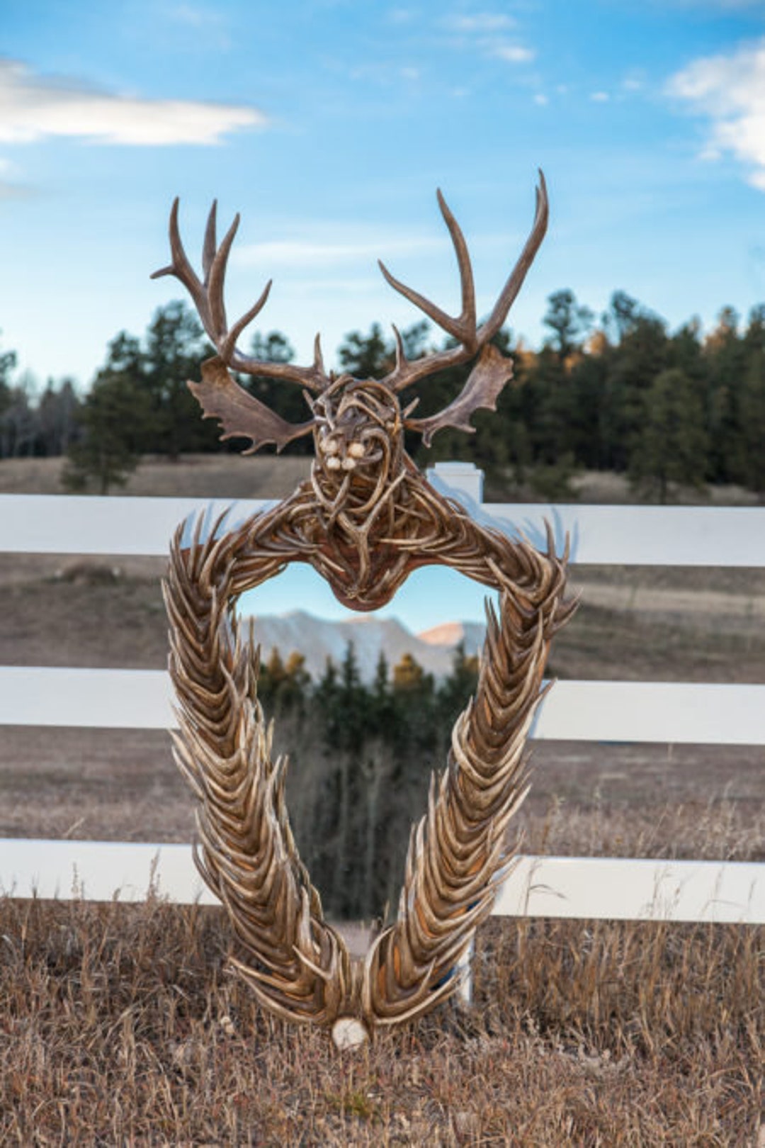 Antler Mirror With Deer Head Crest - Etsy