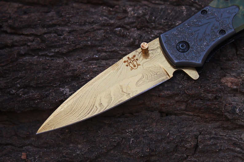 3.5" Titanium Coated Damascus Blade Custom Folding Knife W/ File-work ...