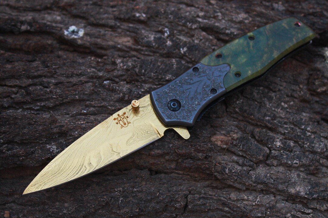 3.5" Titanium Coated Damascus Blade Custom Folding Knife W/ File-work ...