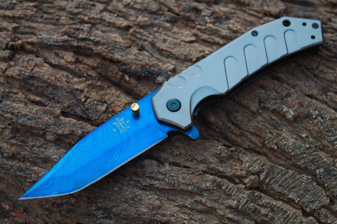 3.5" Titanium Coated Damascus Blade Custom Folding Knife W/ File-work ...