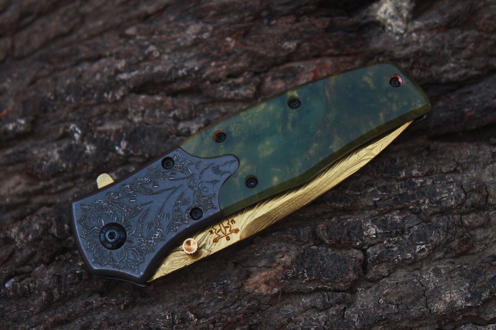 3.5" Titanium Coated Damascus Blade Custom Folding Knife W/ File-work ...