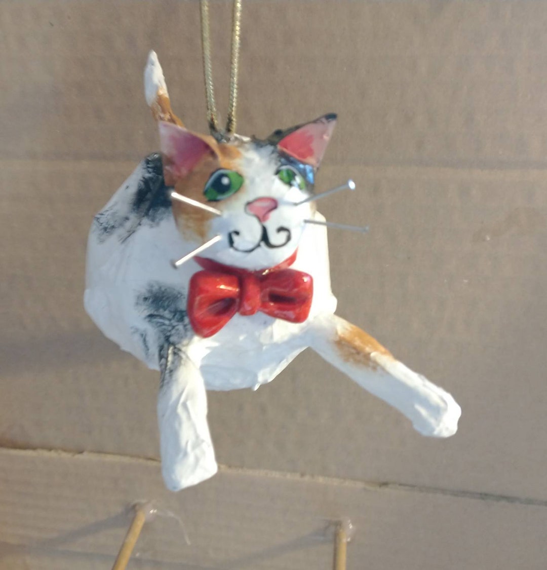 Handmade Paper Mache Fat Cat Ornament, Calico Falling/jumping Fat Cat ...