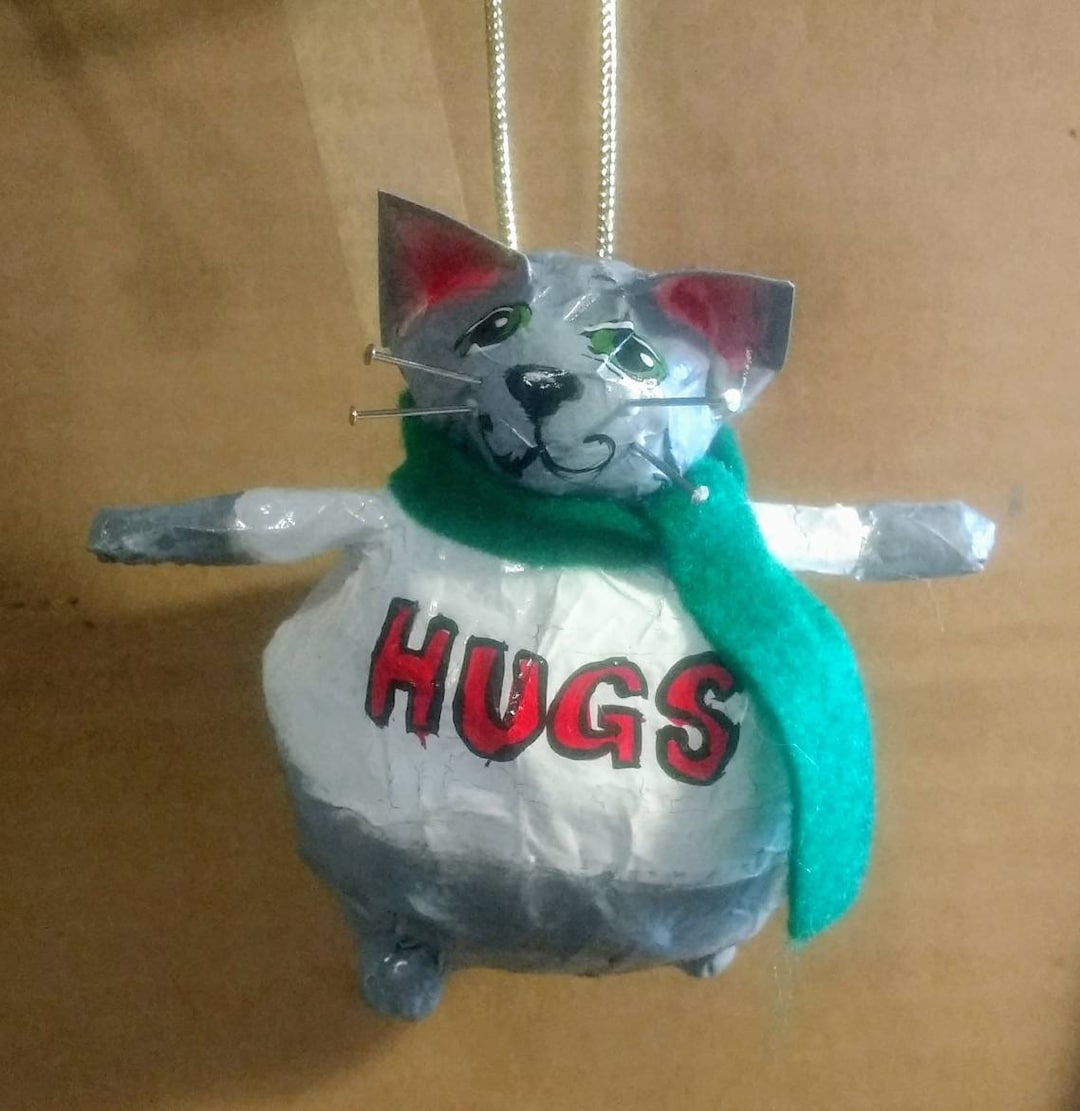 Handmade Paper Mache Fat Cat Ornament, Grey Kitty With Scarf and Hugs T ...
