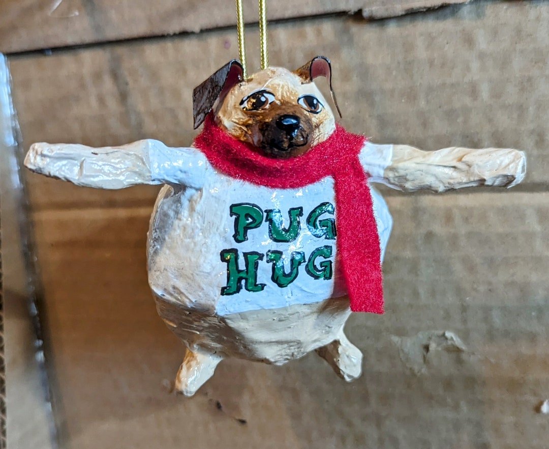Handmade Paper Mache Dog Ornament, Tan Pug With Scarf and Pug Hug ...