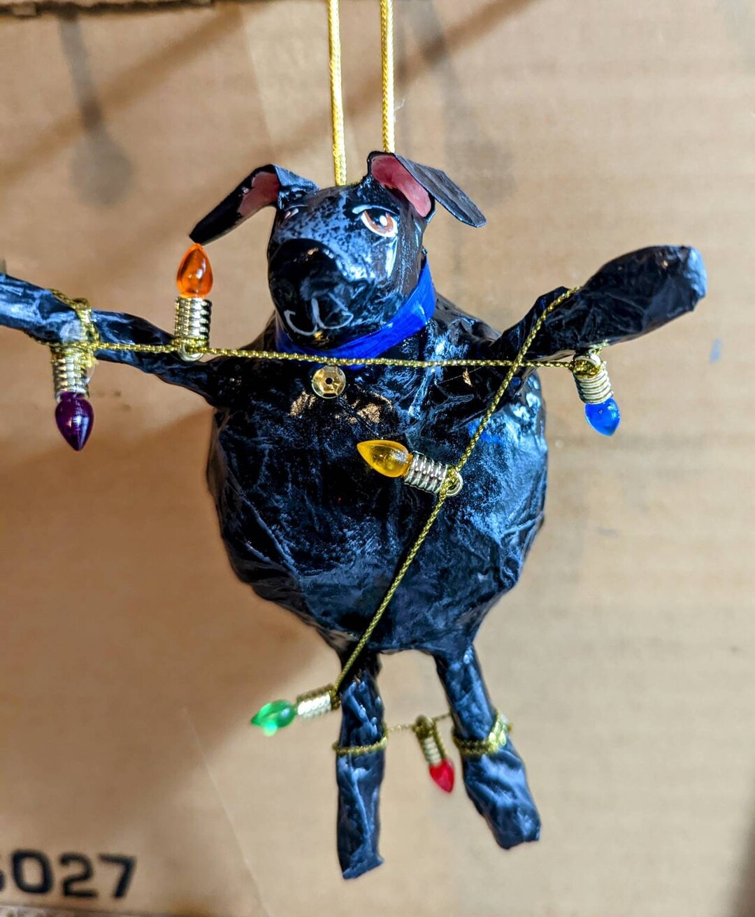 Handmade Paper Mache Dog Ornament, Black Lab Tangled up in Christmas ...