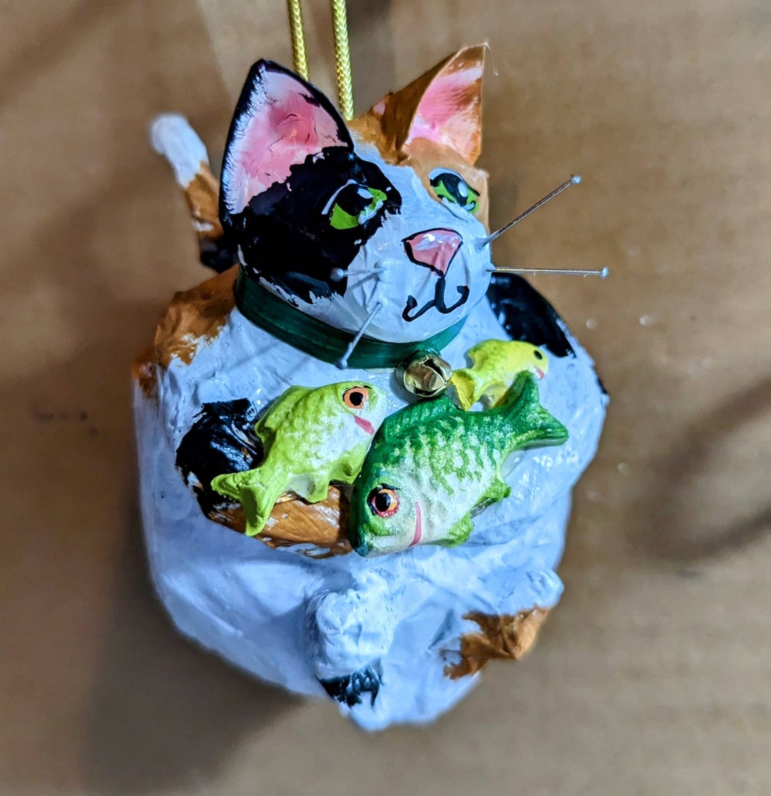 Handmade Paper Mache Cat Ornament, Calico Cat With 3 Fishes - Etsy