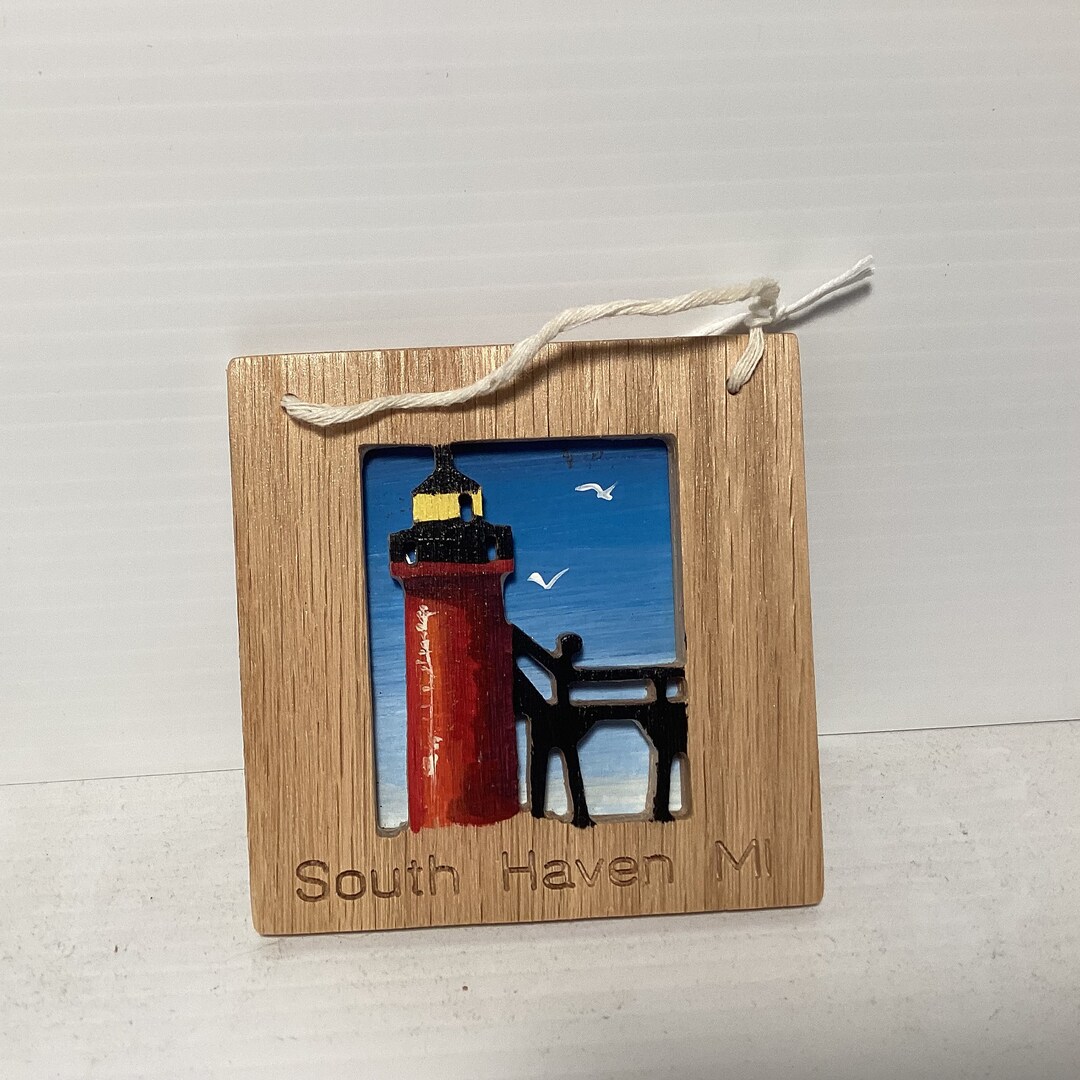 Hand Painted Red Oak Wood South Haven Ornament 3 1/2” With Blue Sky. - Etsy