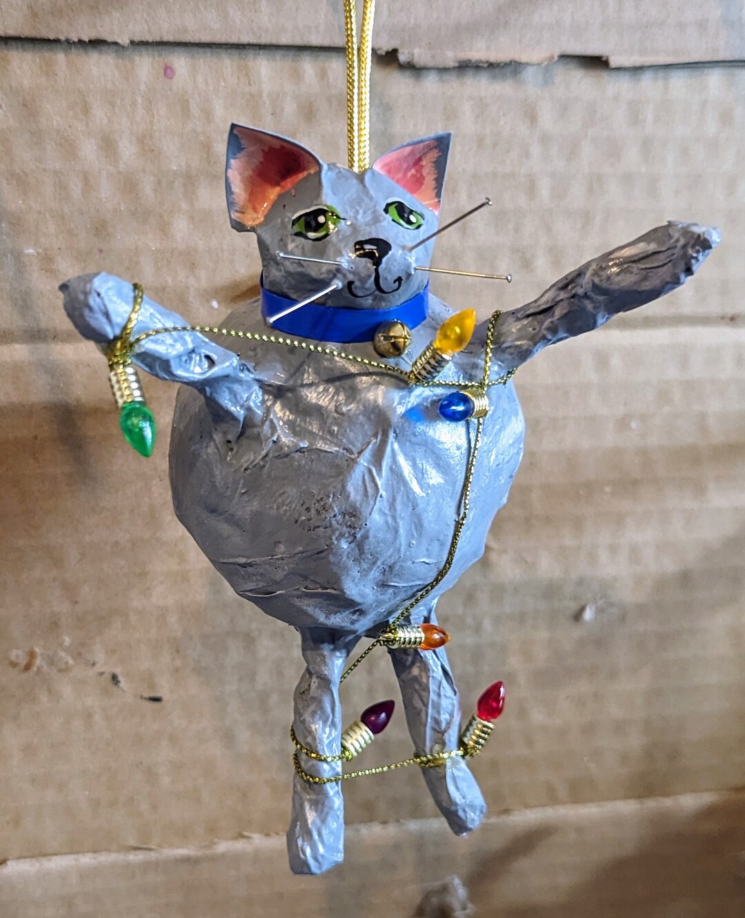 Handmade Paper Mache Fat Cat Ornament, Grey Cat Tangled With Christmas ...