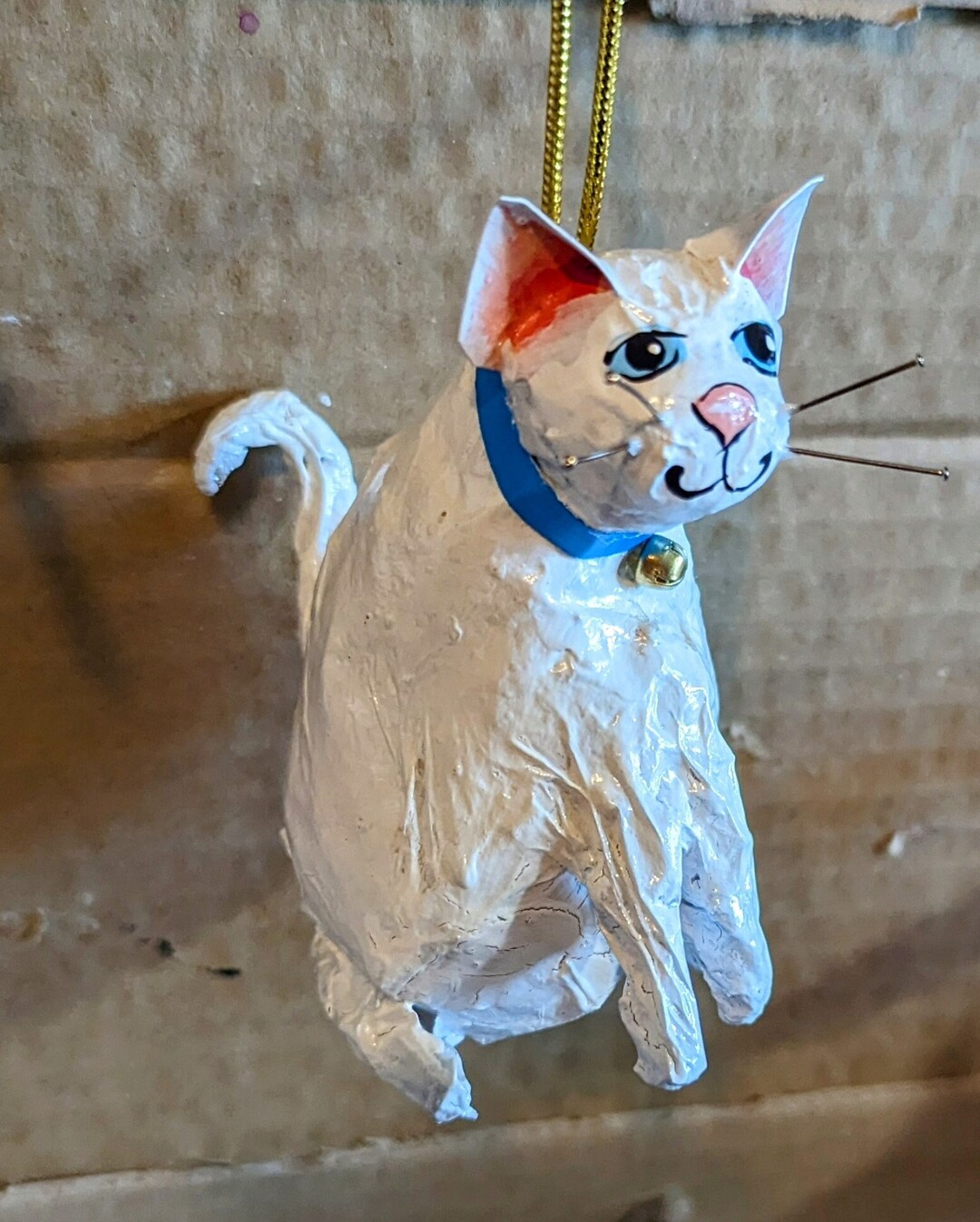 Handmade Paper Mache Cat Ornament, Seated White Kitty With a Blue ...