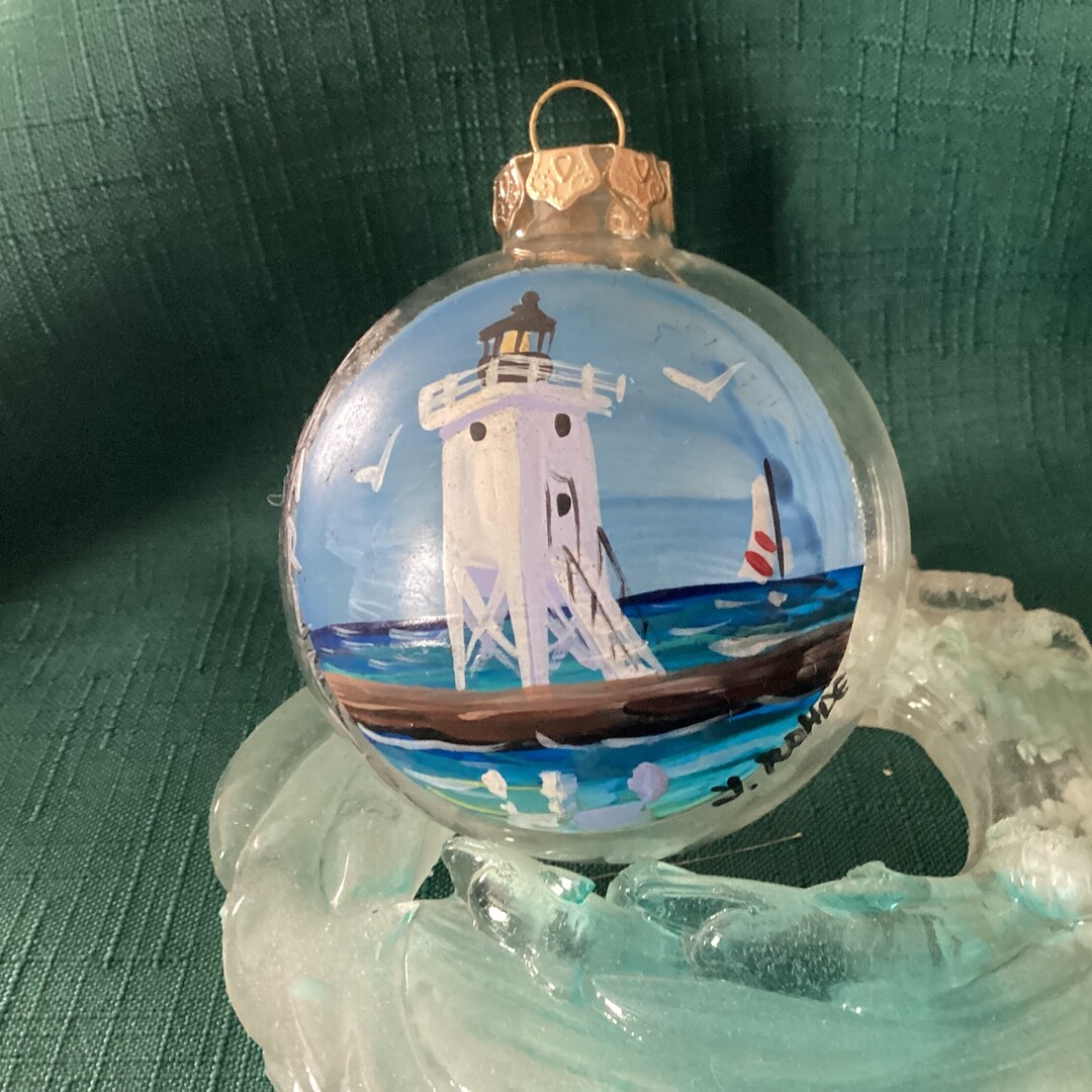 Old Charlevoix Lighthouse Glass Bulb Ornament Hand Painted. Red ...