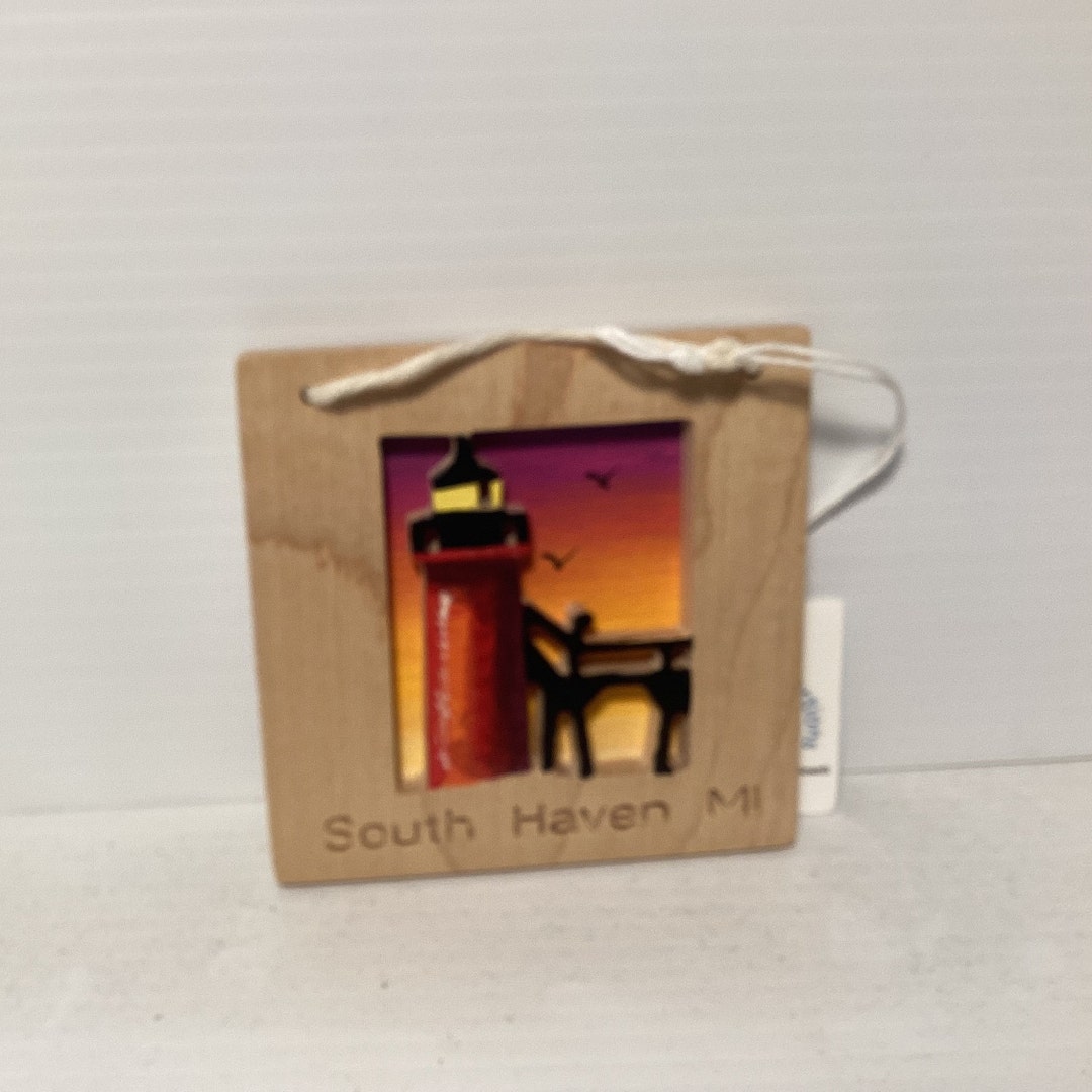 Hand Painted Red Oak Wood South Haven Ornament 3 1/2” With Evening Sky ...
