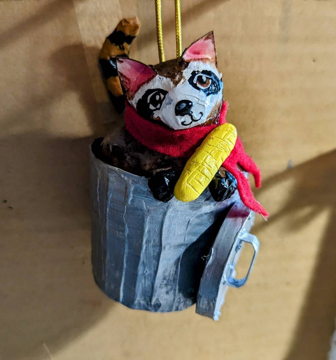 Handmade Paper Mache Raccoon Ornament, Adorable Raccoon in Trash Can ...