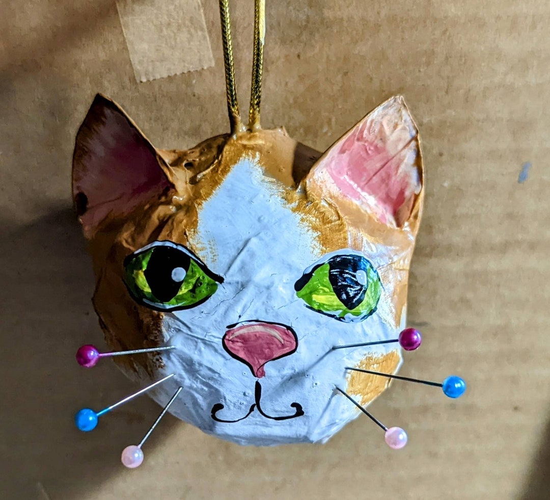 Handmade Paper Mache Cat Ornament, Orange and White Kitty With ...