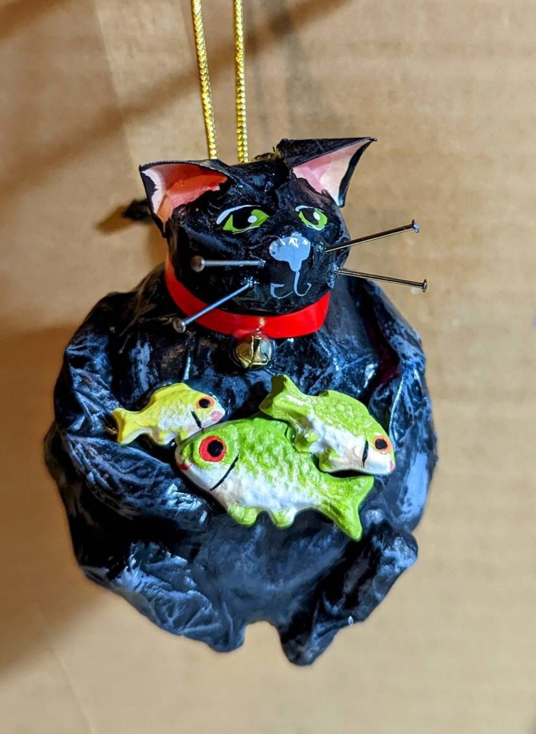 Handmade Paper Mache Cat Ornament, Black Kitty Cat Holding 3 Fish - Etsy