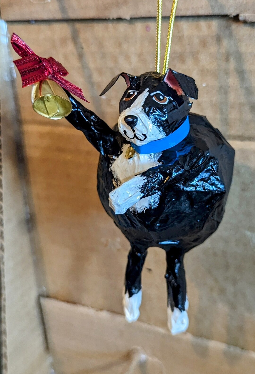 Handmade Paper Mache Dog Ornament, Black and White Puppy With a Bell - Etsy