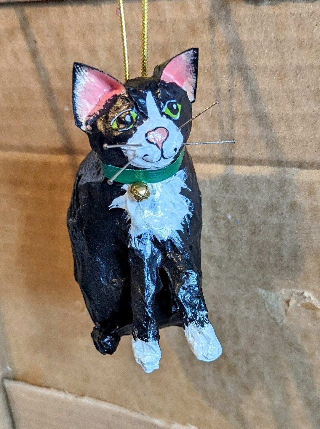 Handmade Paper Mache Cat Ornament, Black and White Kitty With Green ...