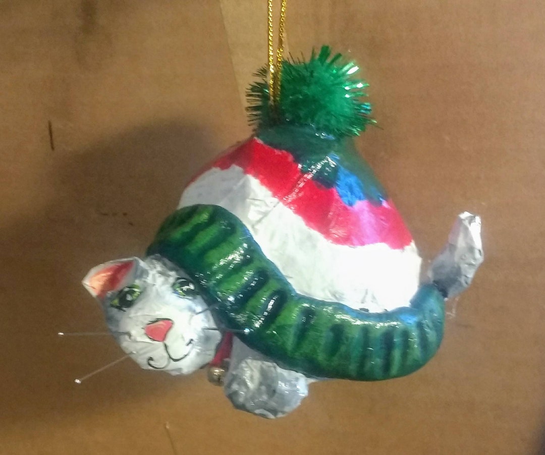 Handmade Paper Mache Fat Cat Ornament, Grey Tabby Cat Under Colorful ...