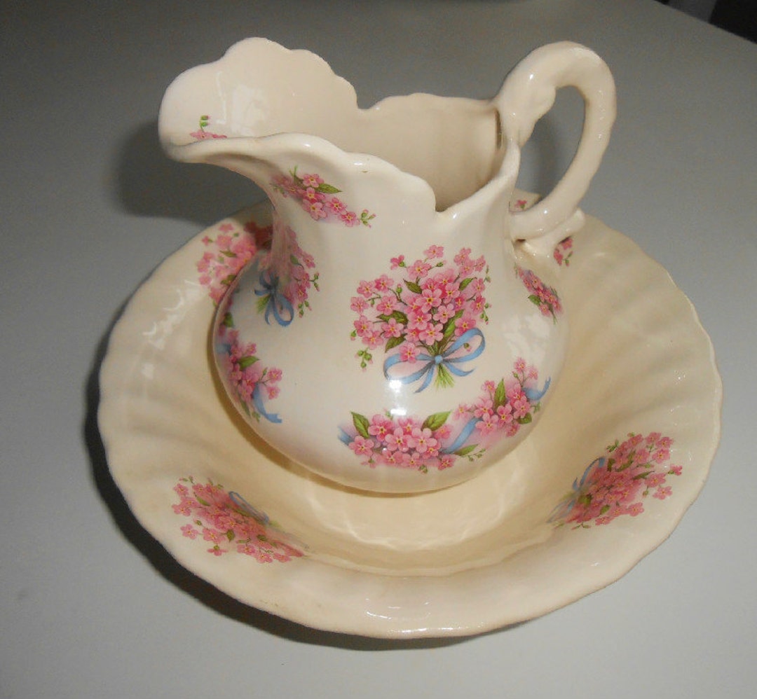 Vintage, Ceramic, Pitcher and Bowl, Hand Painted, Pink and Blue, Floral ...