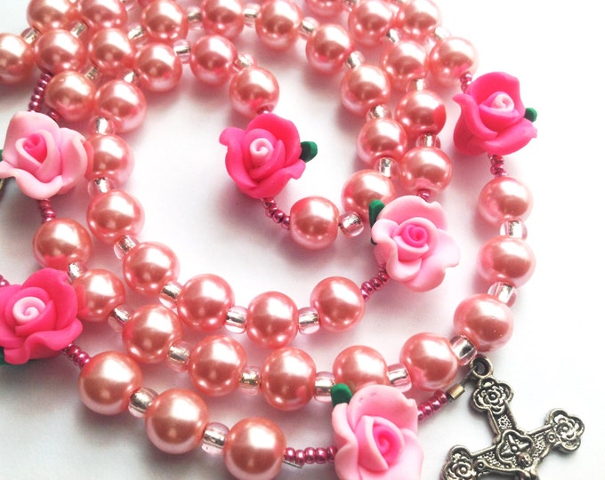 Bouquet of Pink Roses and Pearls Rosary Handmade Rosary Pink Pearls - Etsy