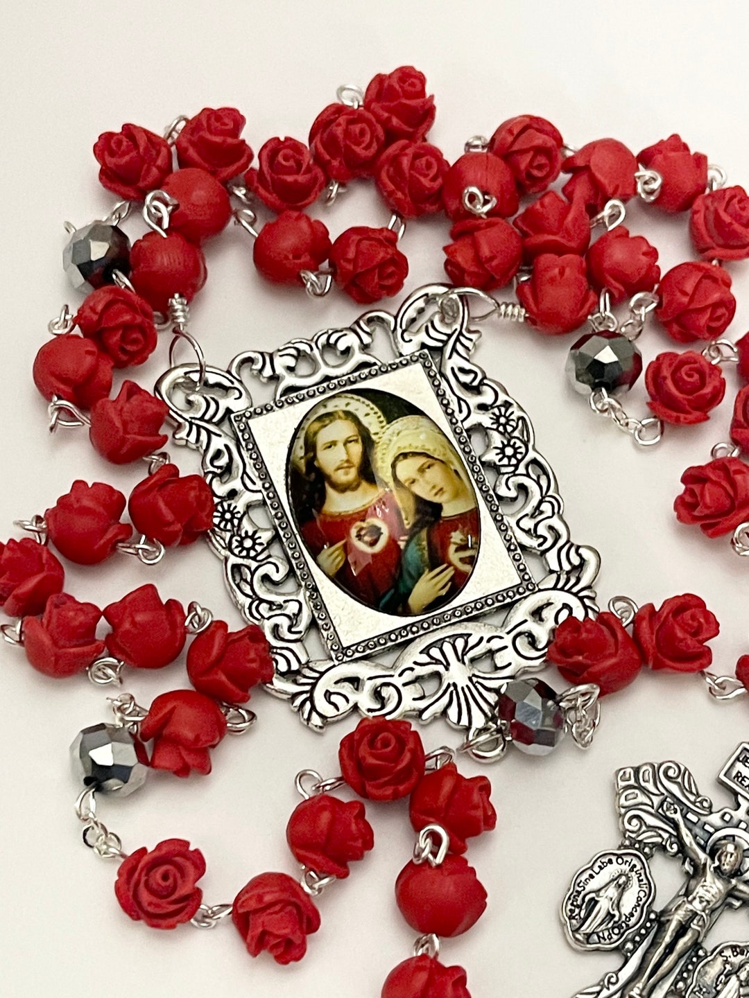 Portrait Rosary Sacred Hearts of Jesus and Mary Handmade - Etsy